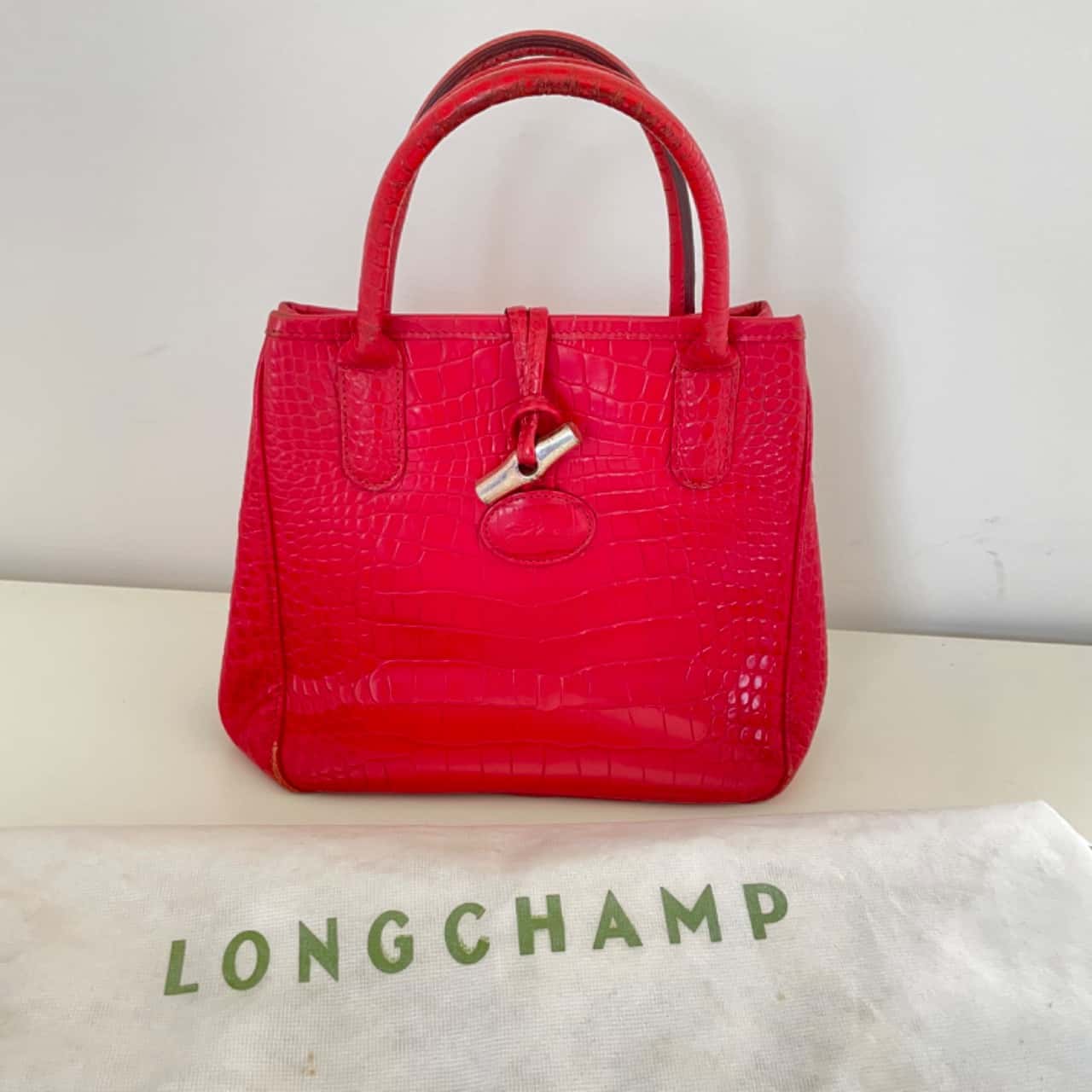 Longchamp Roseau Red Croc Embossed Handbag (s)
