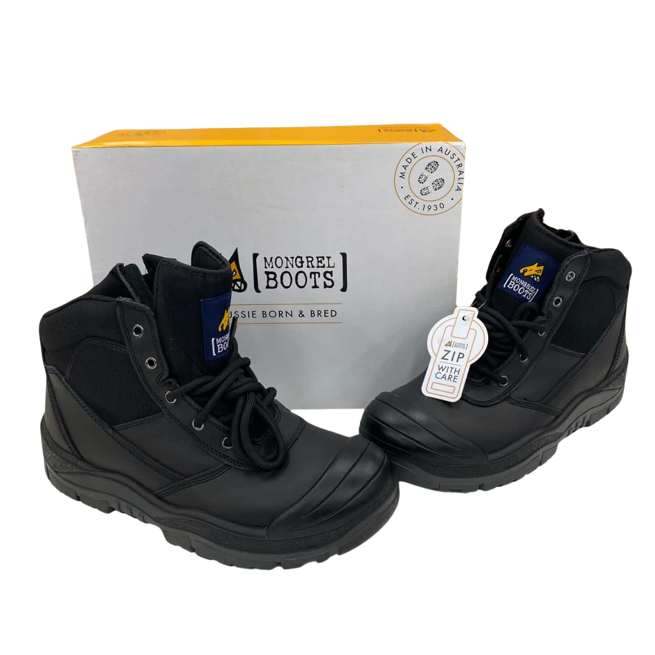Mens Size 11 Black MONGREL Work Safety Boots, Steel Cap, NEW In Box(s)
