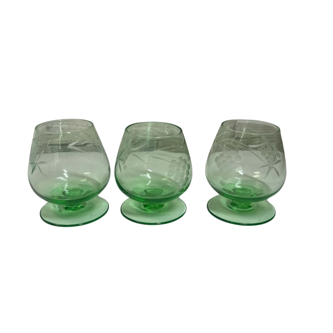 Set of three green glass brandy sniffer glasses(s)