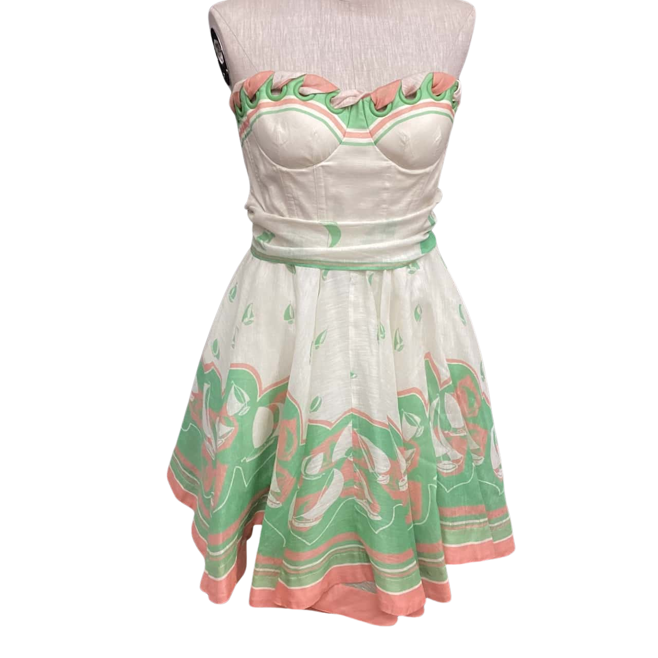 Zimmermann High Tide Eyelet Size 2 Mini Dress Coral / Green / Off White (s)