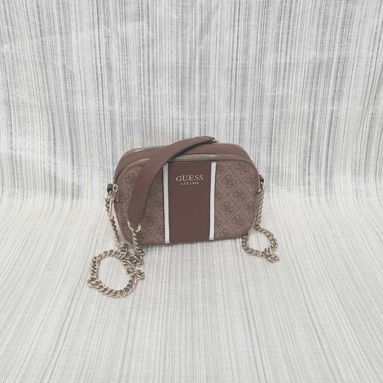 Guess Monogrammed Brown /Beige with White Front Stripe Detail & Gold ...