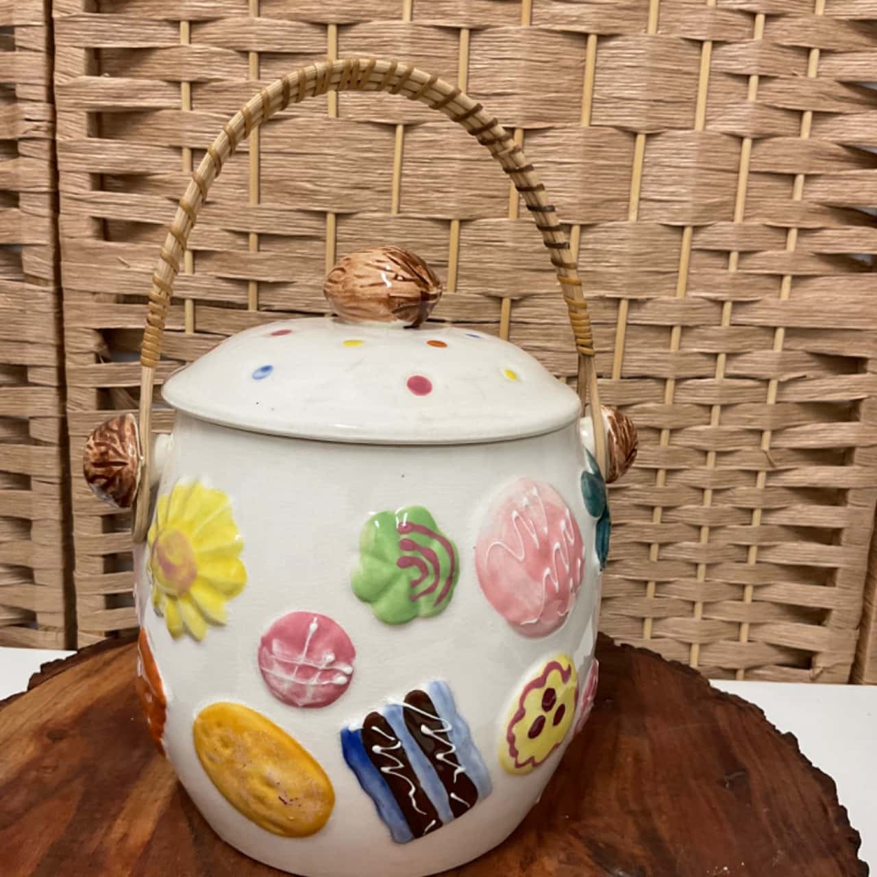 1950s Vintage Cookie Jar, Cookies All Over, Walnut on Top, Wicker ...