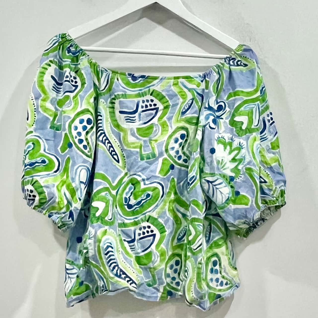 Gorman Linen Blue/ Green Pattern 3/4 Sleeve Top Size14(s)