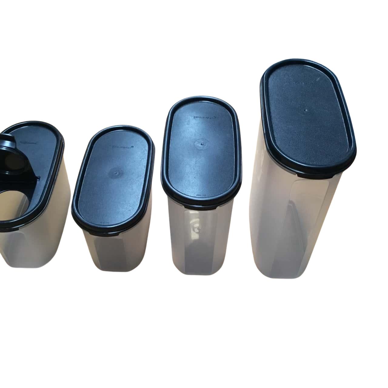 Four Tupperware Clear Modular Mates Containers With Black Lids