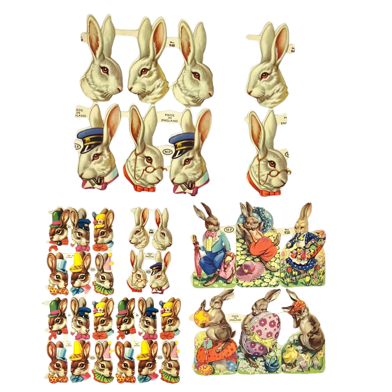 Vintage Paper Scrap Reliefs Rabbits No.949/957/948 Made in England (s)