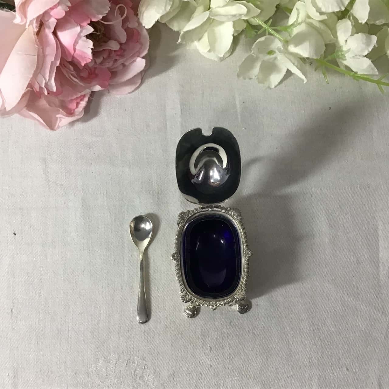 Vintage Strachan EPNS Small Mustard Pot with Blue Liner and Spoon