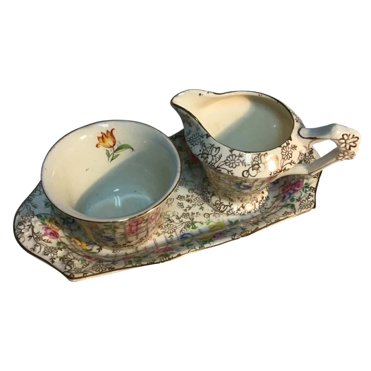 James Kent Trellis Rose Sugar, Cream and Tray Set