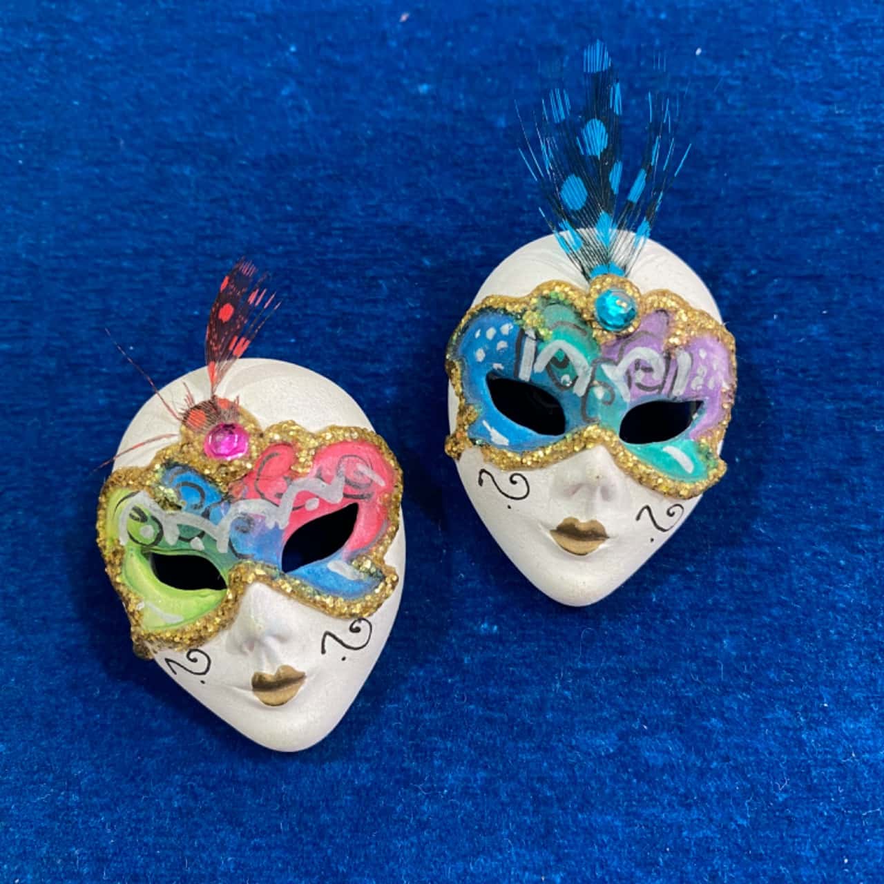 Hand Painted Porcelain Venetian Mask Brooch x2