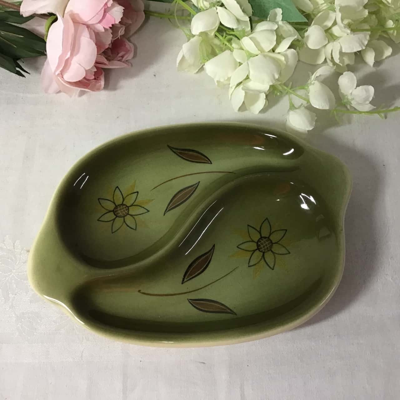 Vintage Terama Olive Green / Flower Pattern Ceramic Divided Platter