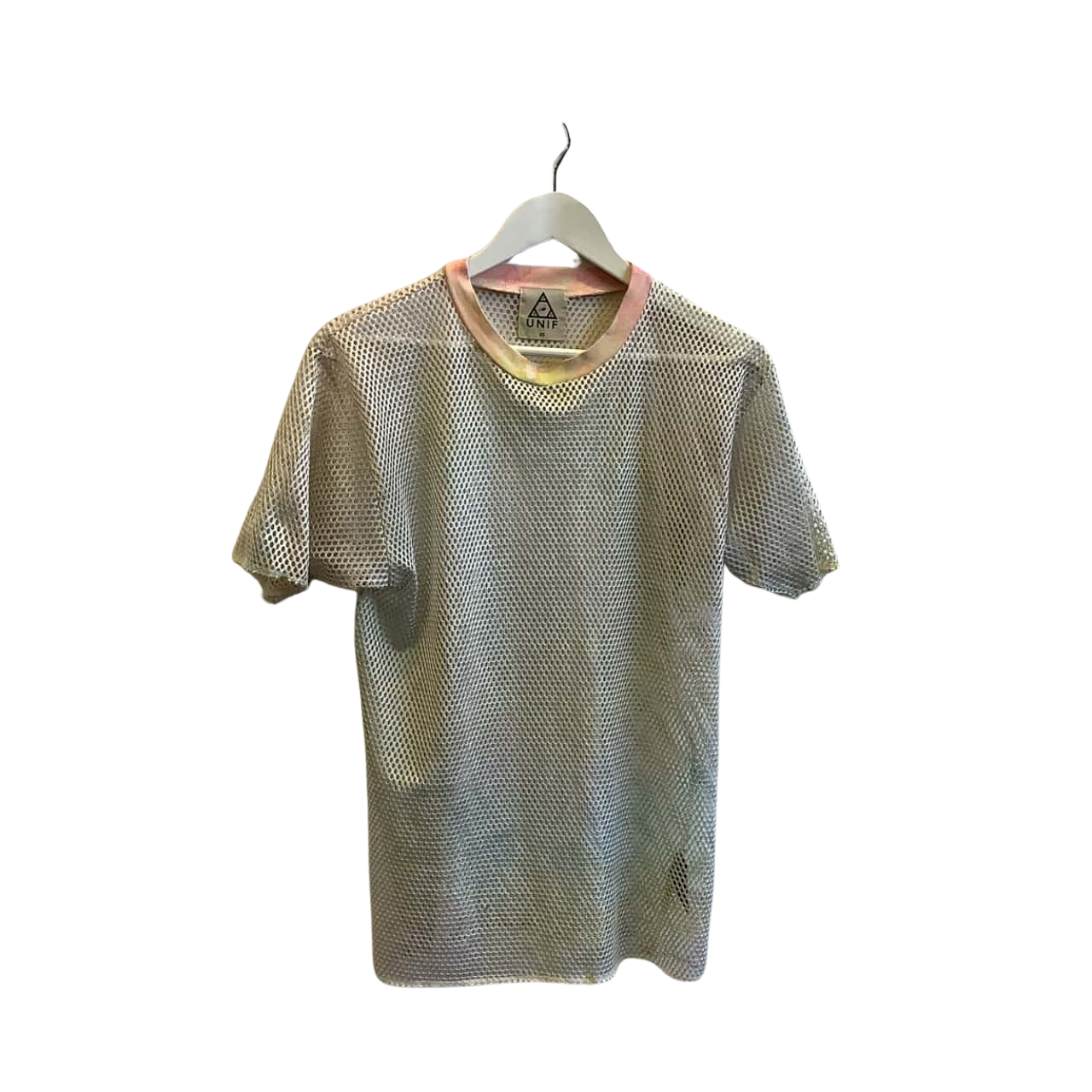 Unif Women's Size XS Short Sleeve Netted T-Shirt White with Rainbow Tie ...