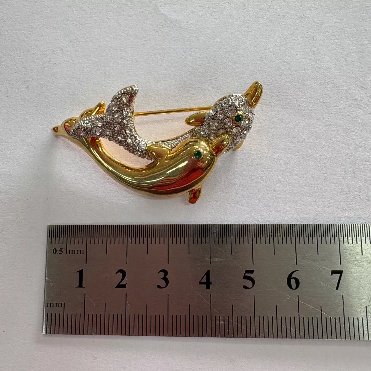 Gold Tone Twin Dolphin Brooch with Rhinestones & Green Crystal Details ...