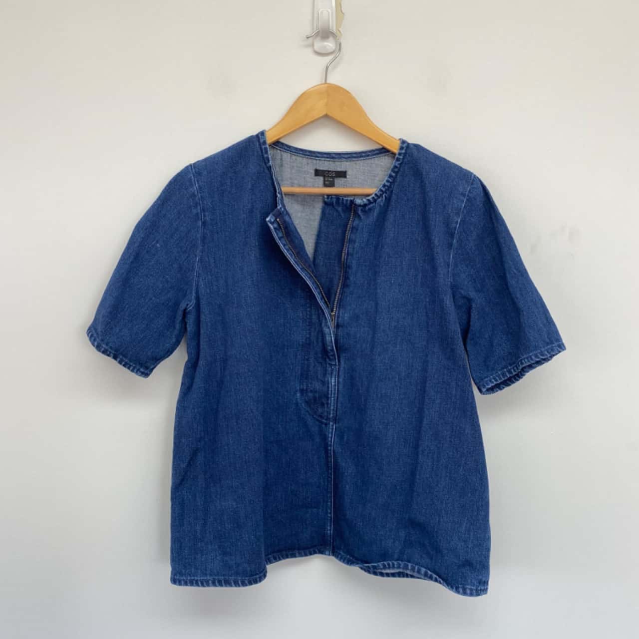 COS Blue Denim Short Sleeve Quarter Zip Top Size 38/12