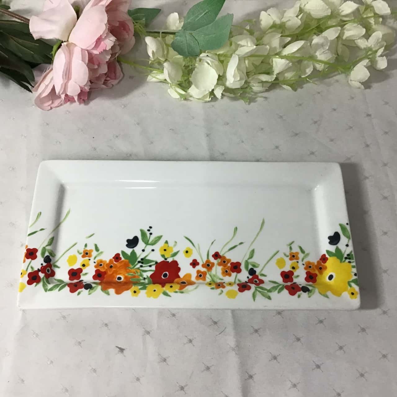 M Living White / Multicoloured Floral Pattern Rectangular Porcelain ...