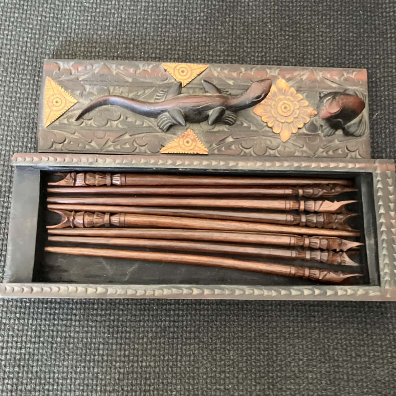 Vintage Hand Carved Box & Chopsticks Set