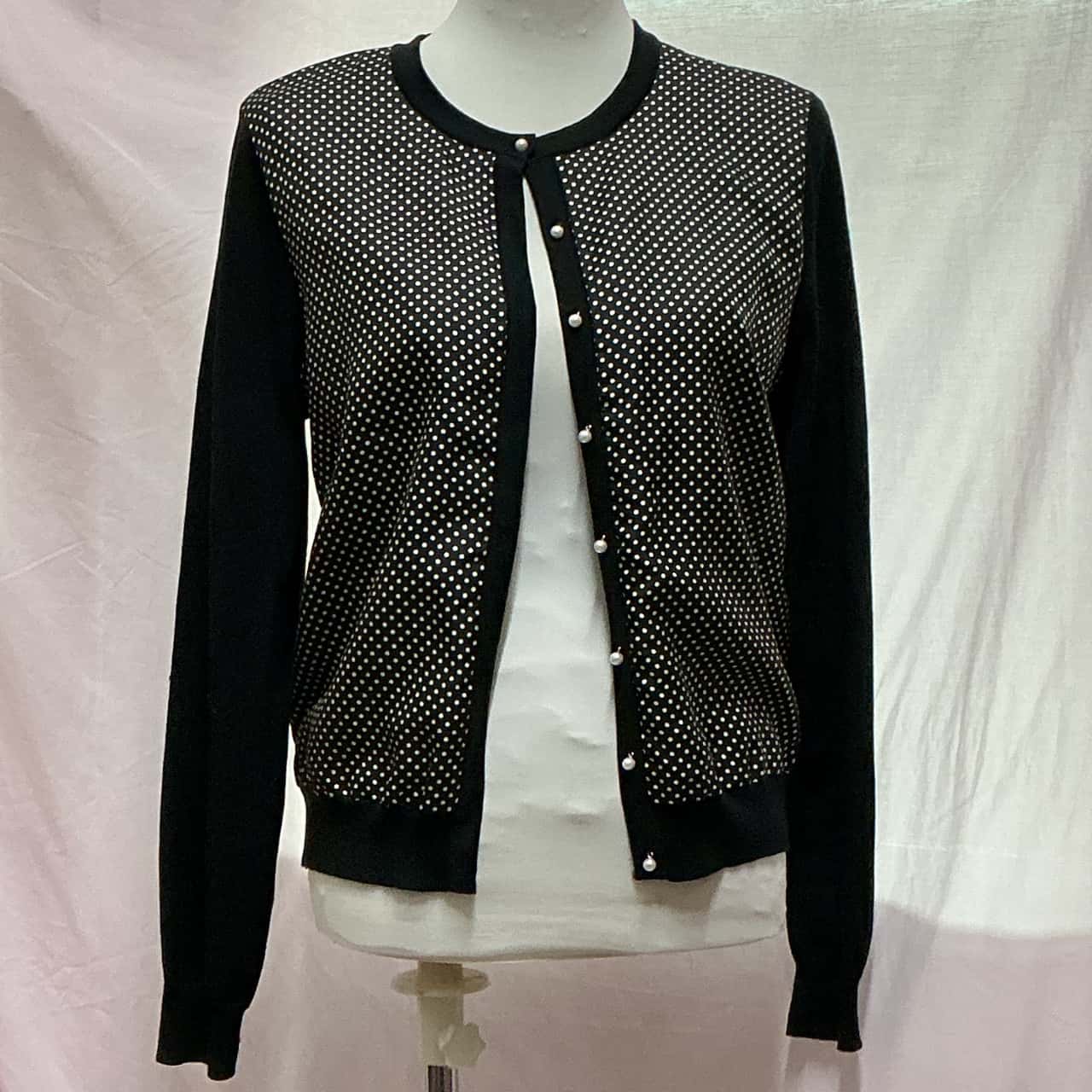 Ralph Lauren Womens Size M Button-down Cardigan Black / Polka Dot / White