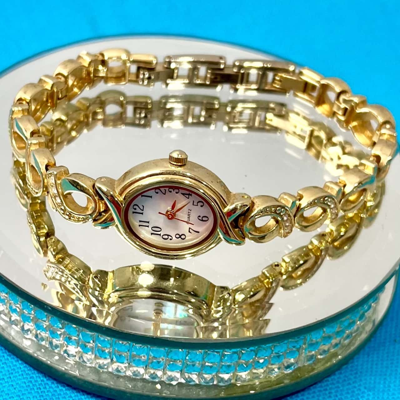 Quartz Gold Diamonte Watch & Matching Diamonte Bracelet (s)