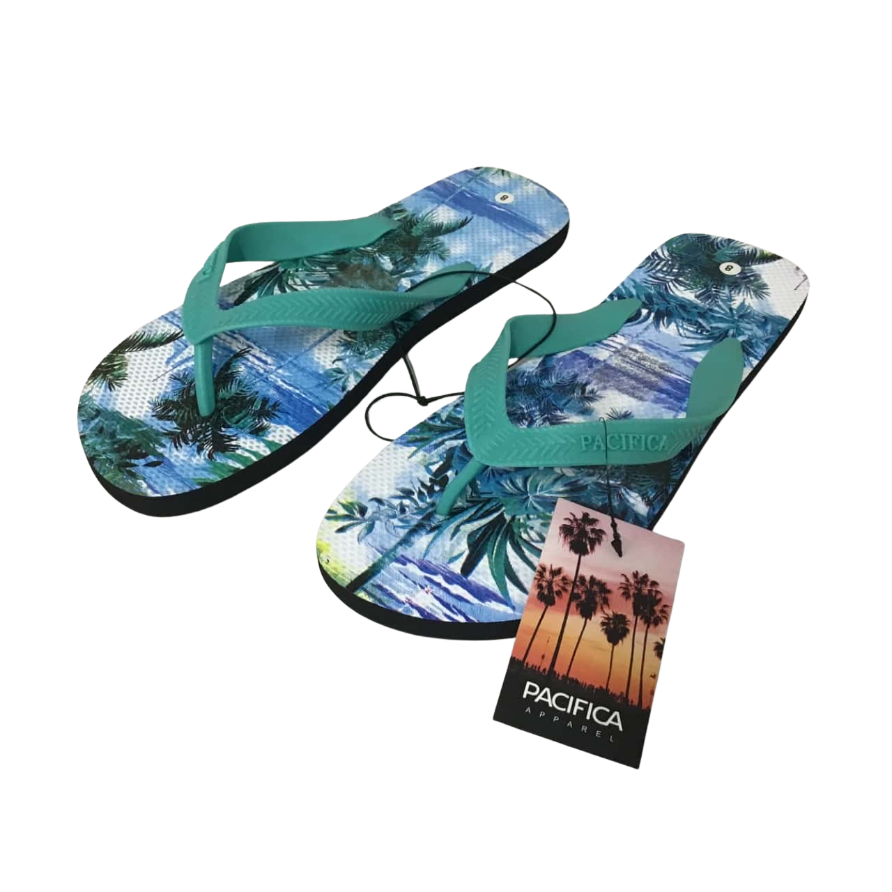 Pacifica Size 8 Blue / Green Hawaiian Pattern Thongs (new) (s)