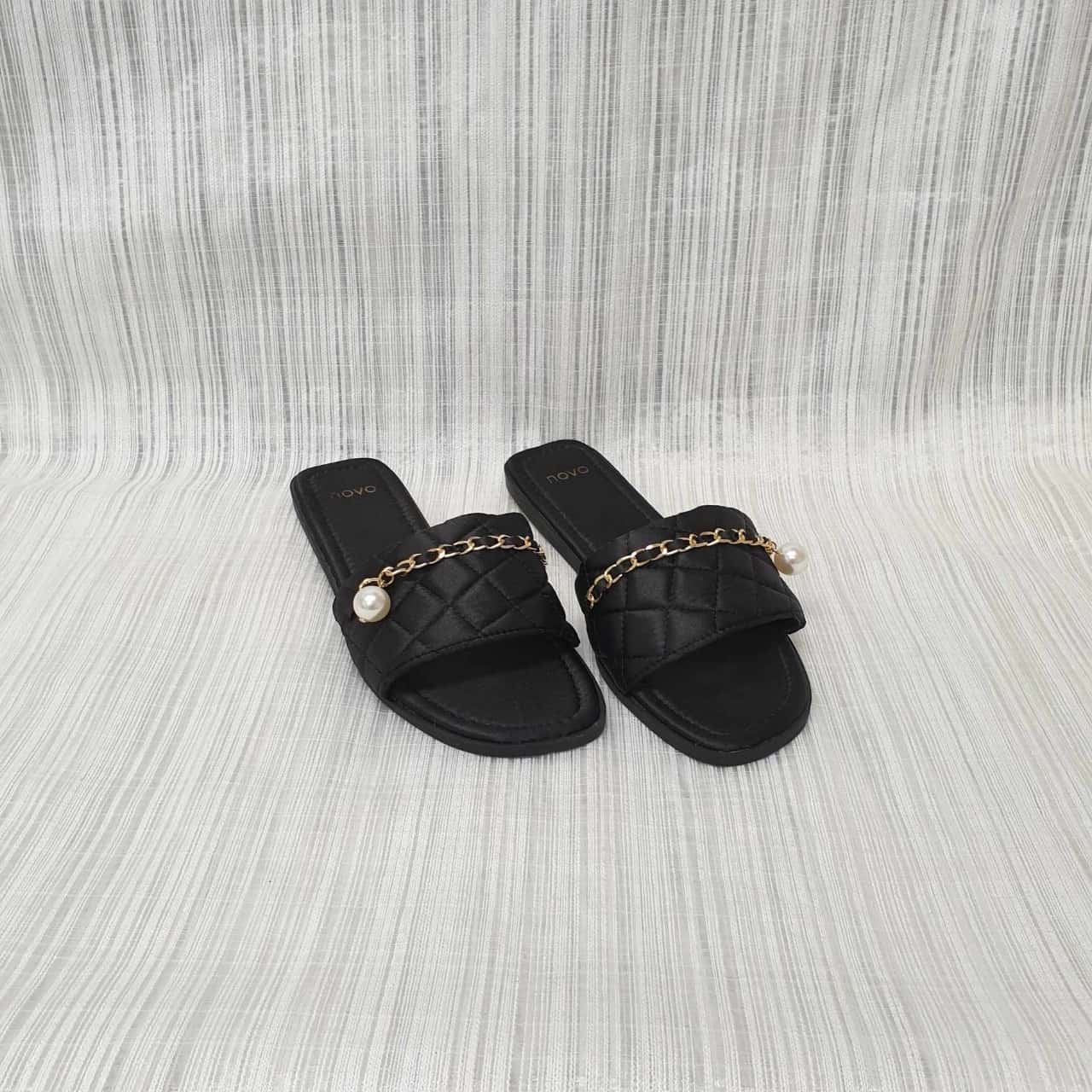 Nova Sydney Gorgeous Black Satin Slipper Slides With Gold Chain ...