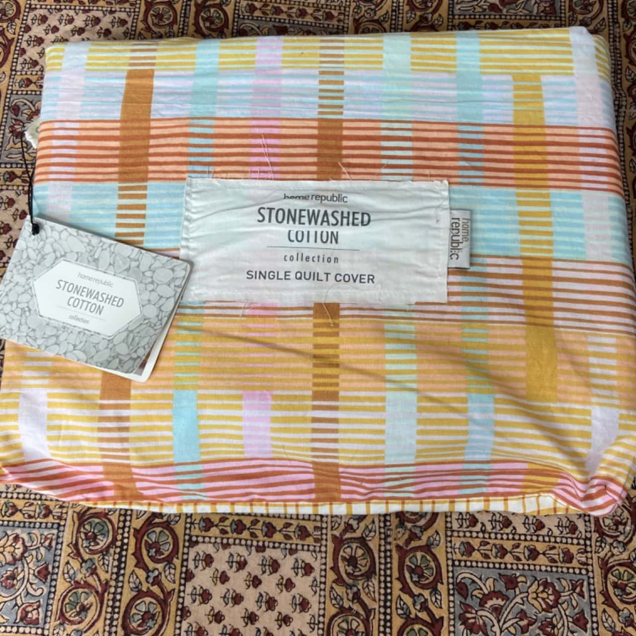 BNWT Adairs Stonewashed Cotton Single Quilt Cover QC Mustard Grid(s)