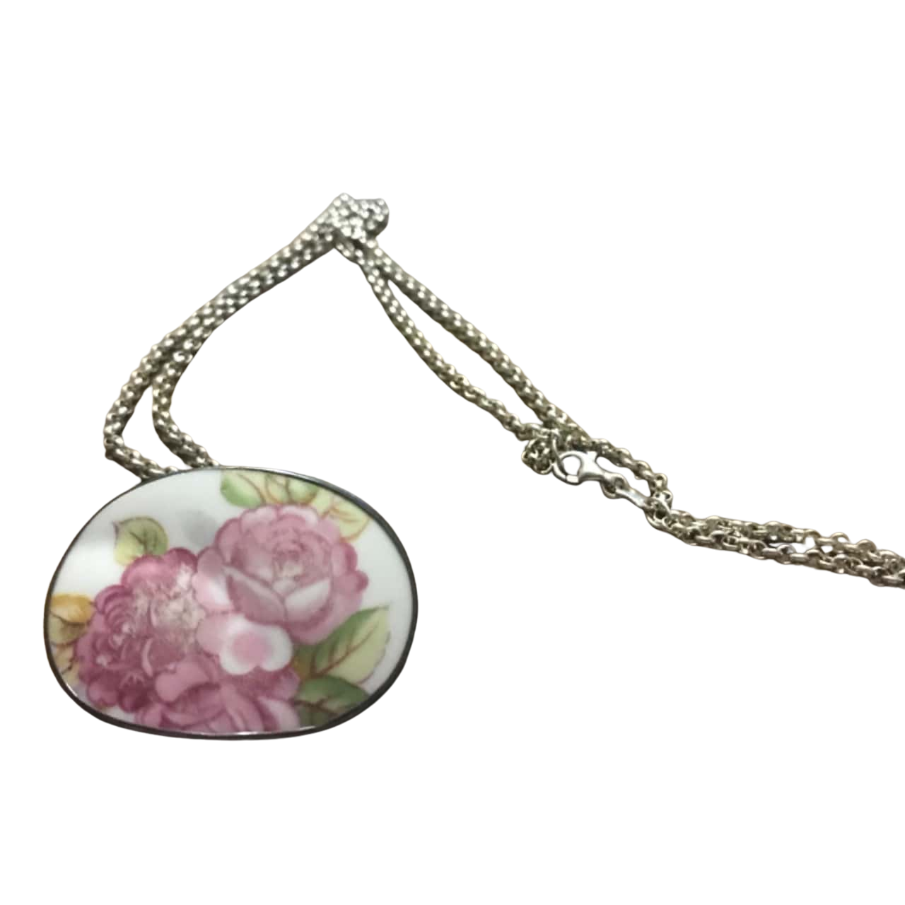 Vintage Stamped JC Porcelain Sterling Silver 925 Brooch Necklace (s)