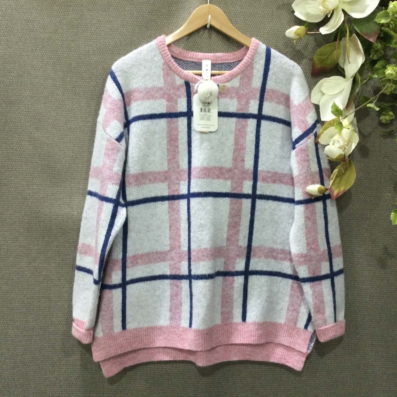Elm Womens L/S Check Jumper, Size L, White/Pink/Blue(RRP $139.95) (s)