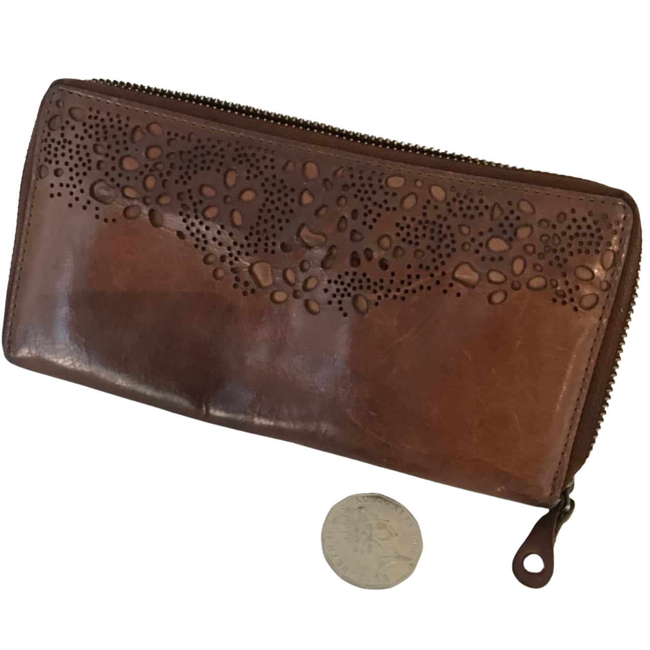 Womens Vintage Soft Leather Purse Brown 20 x 10 cm with Zipper Boho (s)
