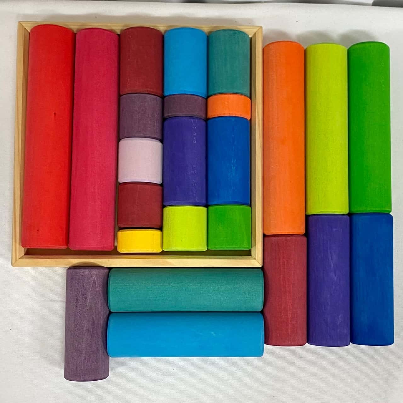 Children’s Colourful Wooden Pole Blocks in a Wooden Tray (s)