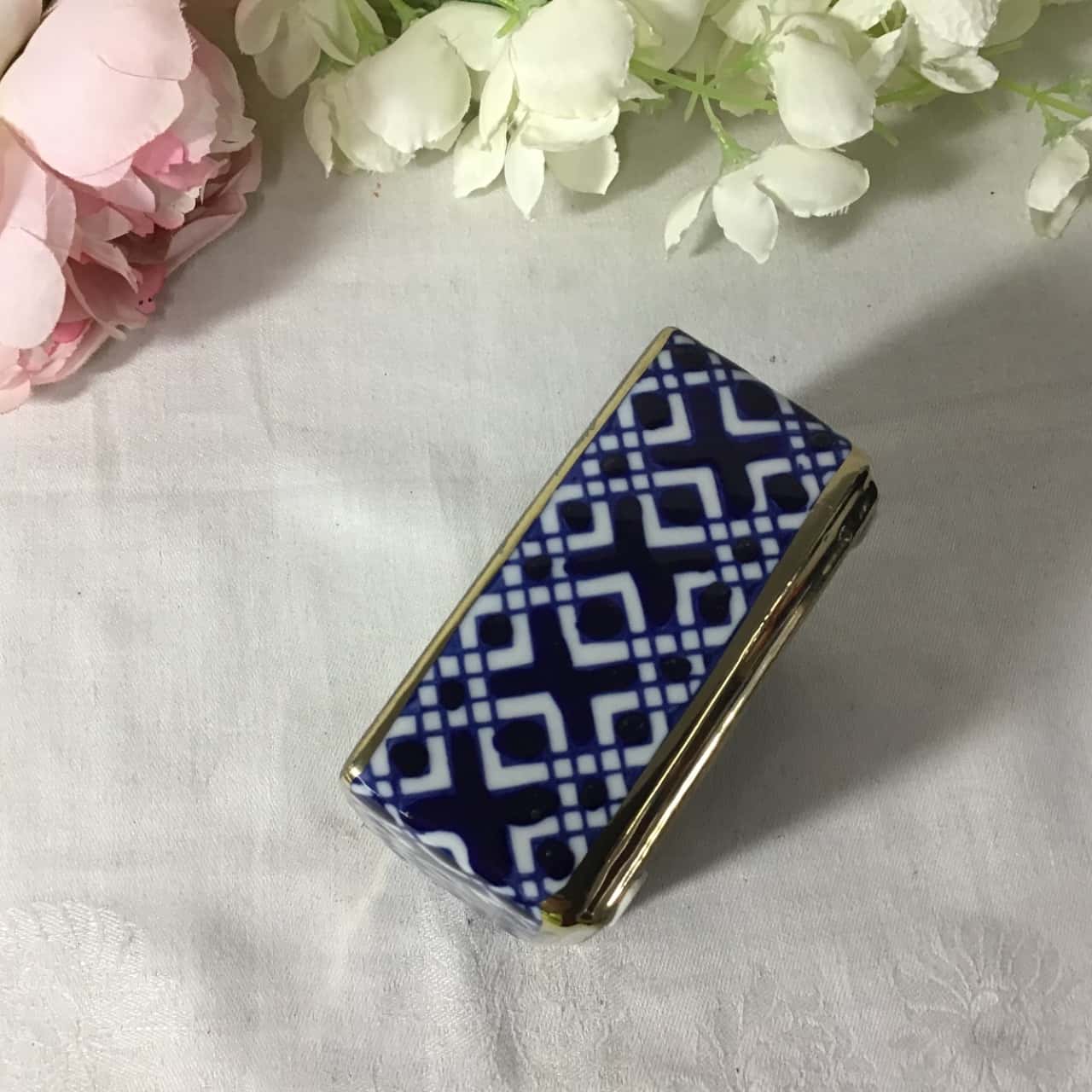 Gold / Dark Blue / White Pattern Square Ceramic Box with Lid(s)