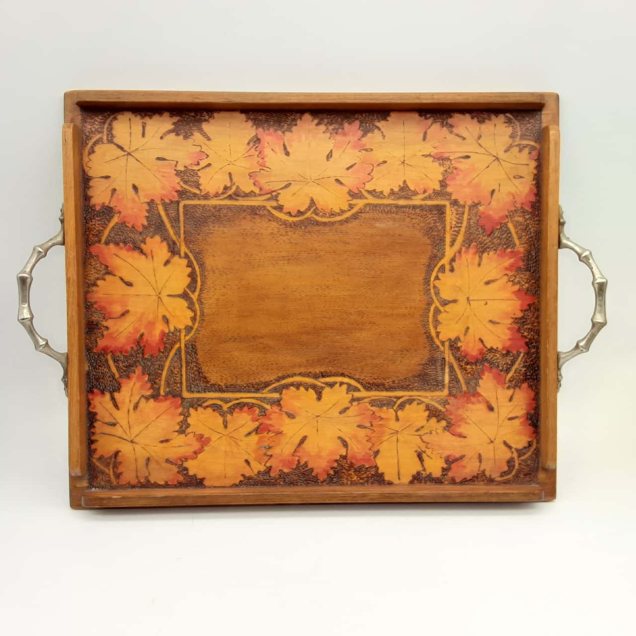 Antique Vintage Wooden Pokerwork Tray with Maple Leaf Pattern(s)
