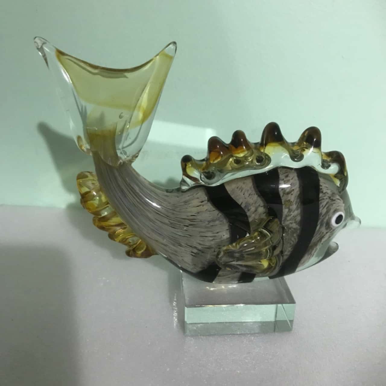 Decorative Glass Blown Fish on Glass Square Stand Murano Style Approx ...