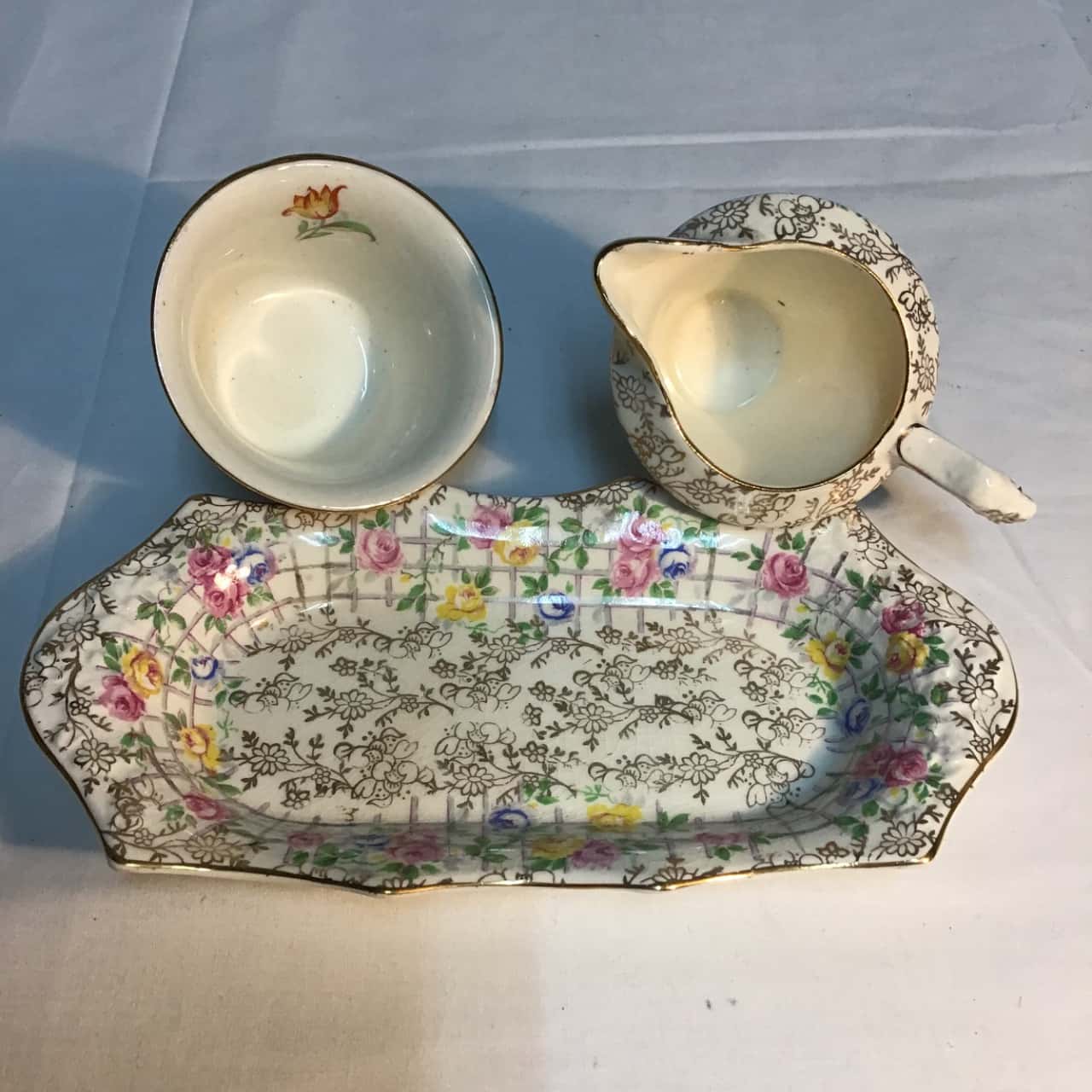 James Kent Trellis Rose Sugar, Cream and Tray Set