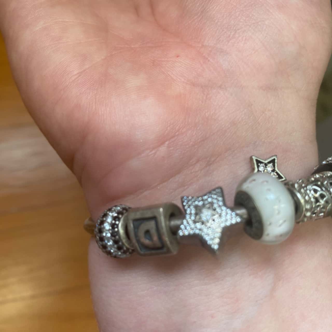 PANDORA Stamped Silver Bangle with 4 Pandora Beads (s)