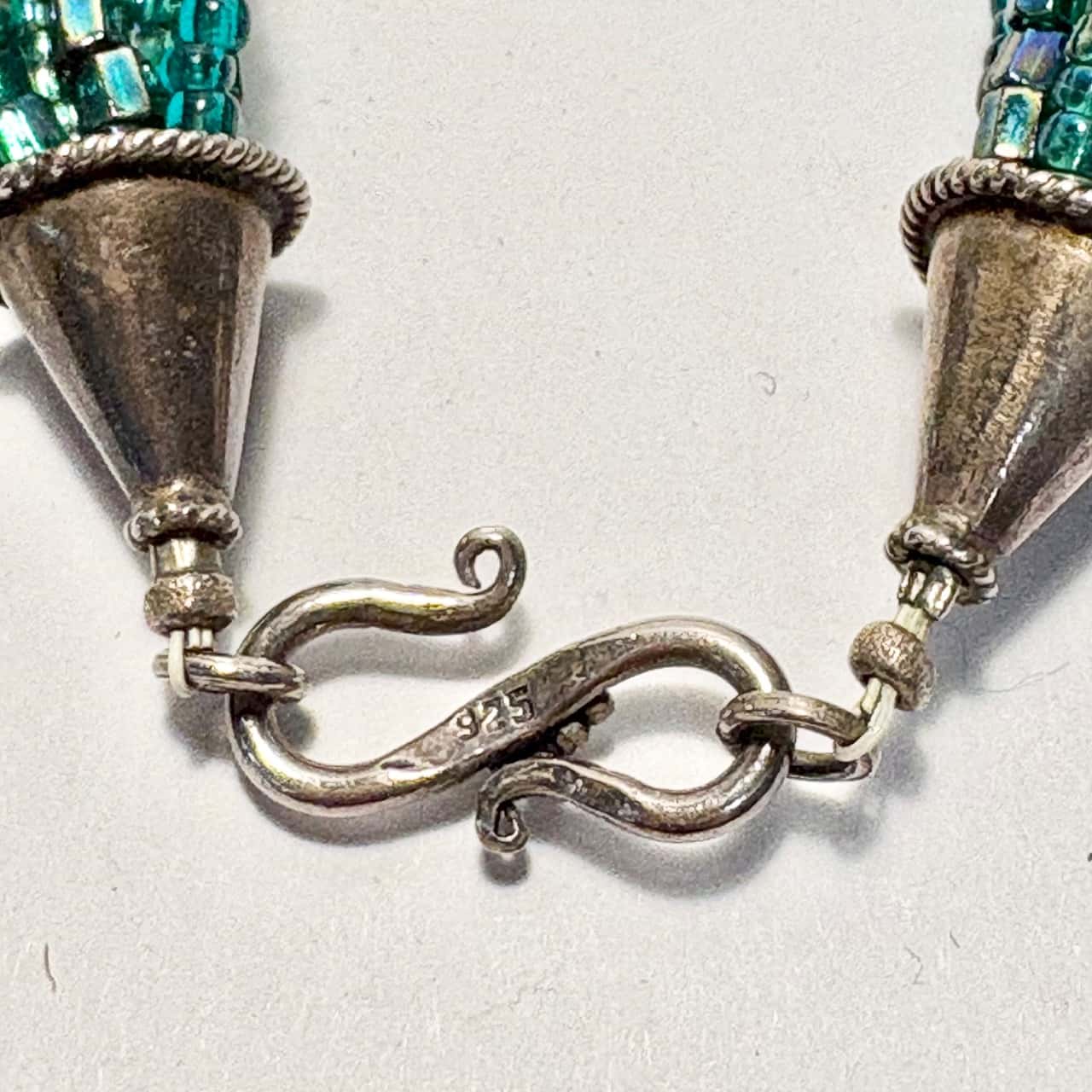 925 Sterling Siver Clasp Multi Strand Aqua Beaded Necklace