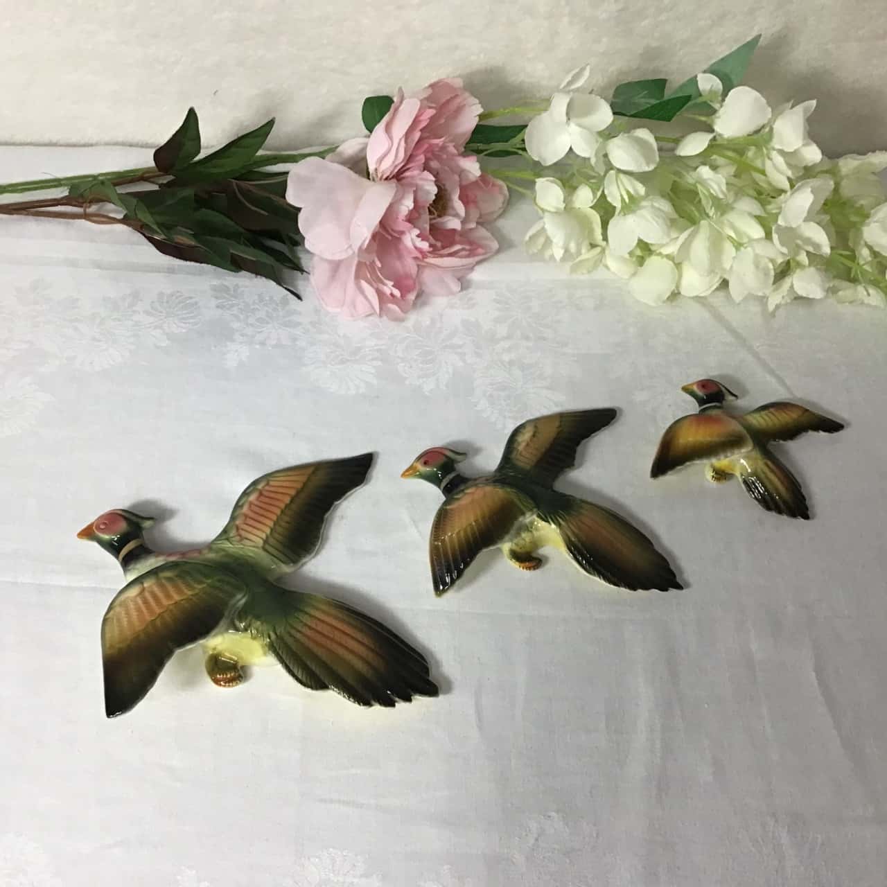 Vintage Set of 3 Multicoloured Ceramic Flying Pheasant Wall Plaques(s)