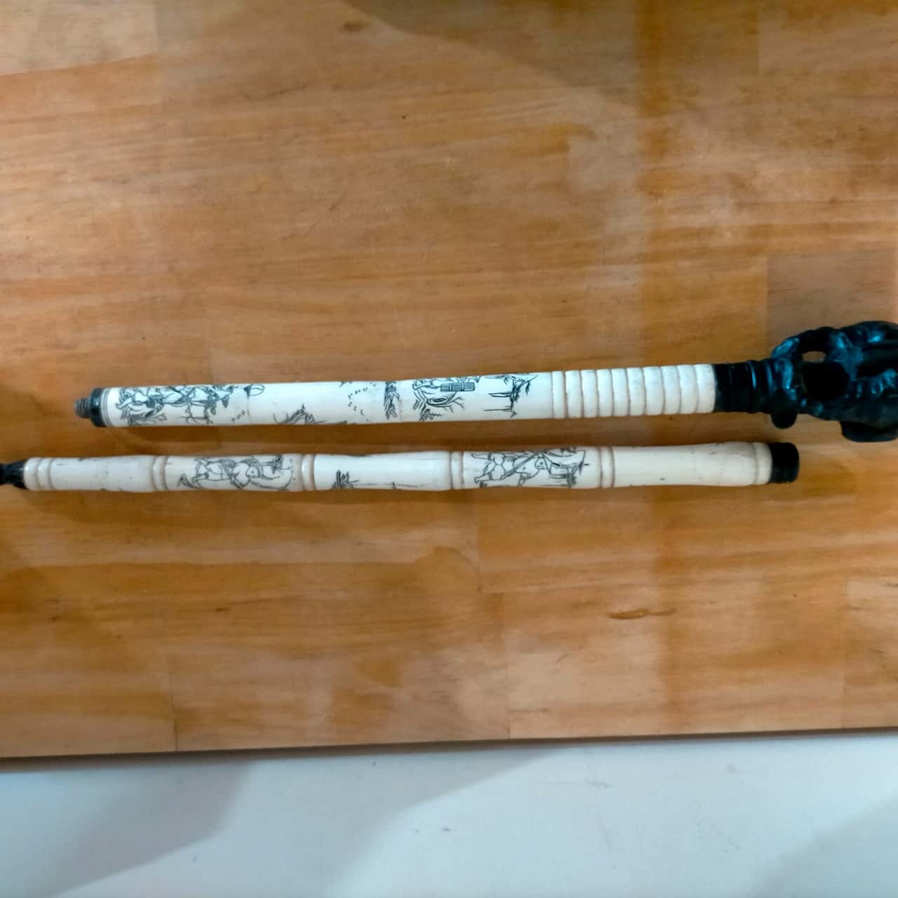 Vintage Etched Asian Bone & Wood Walk Cane / Decorative Cane(s)