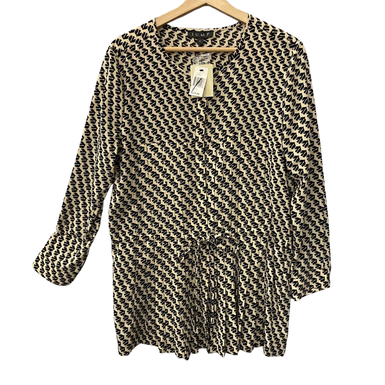 Jump Womens Size 12 Button Up Top Beige / Black / Pattern