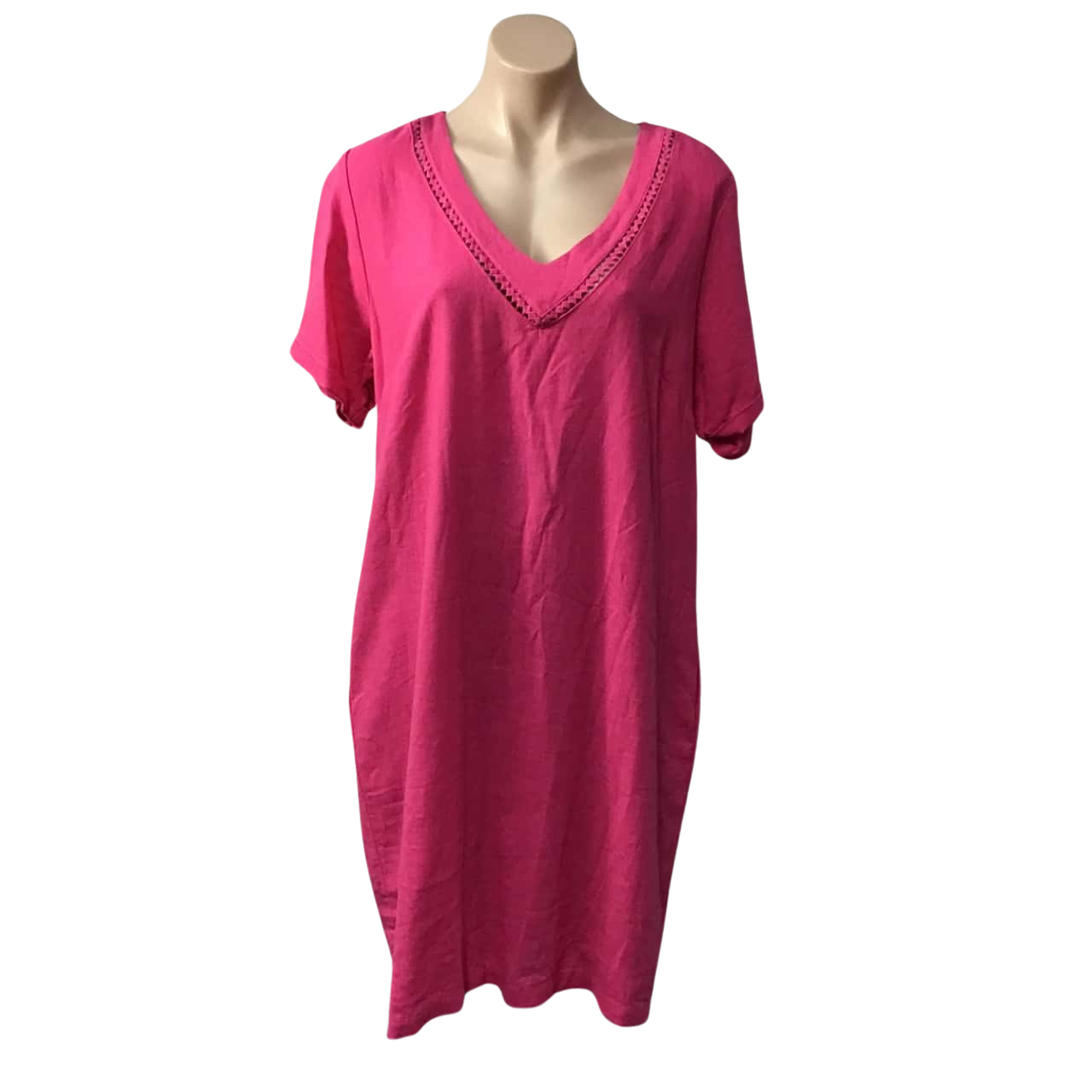 Capture Womens Size 16 Bright Pink Linen Blend Short Sleeve V-Neck Dress