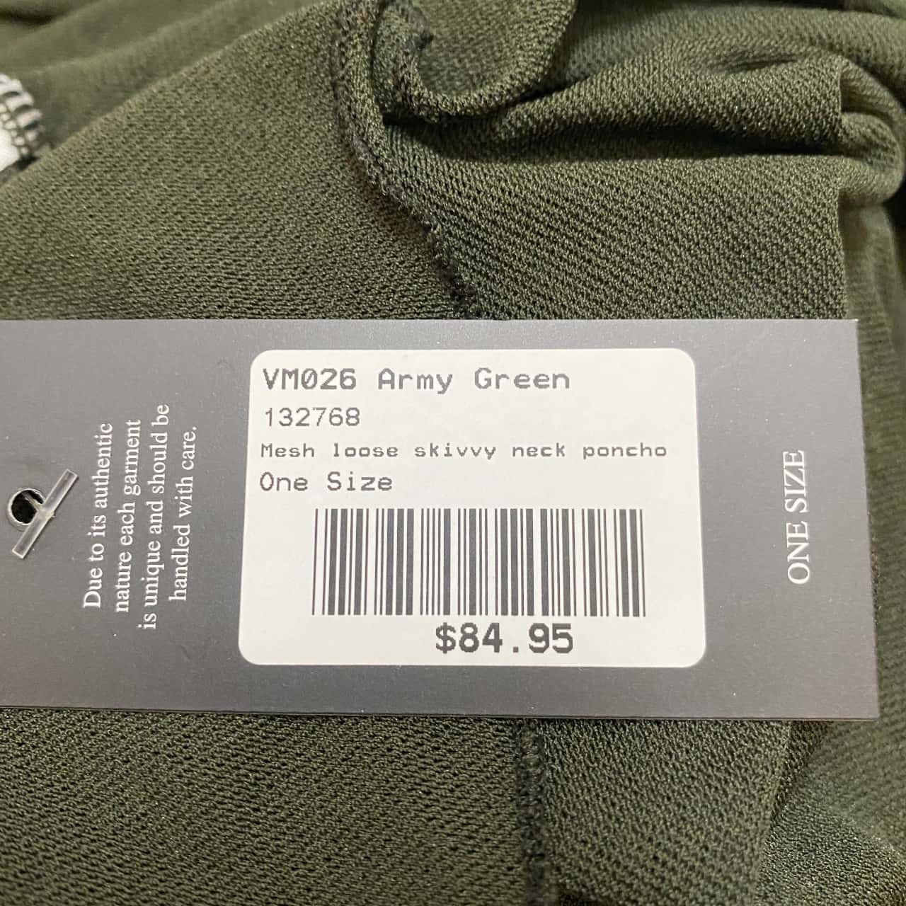 Vigorella Mesh Loose Skivvy Neck Poncho Army Green One Size BNWT(s)