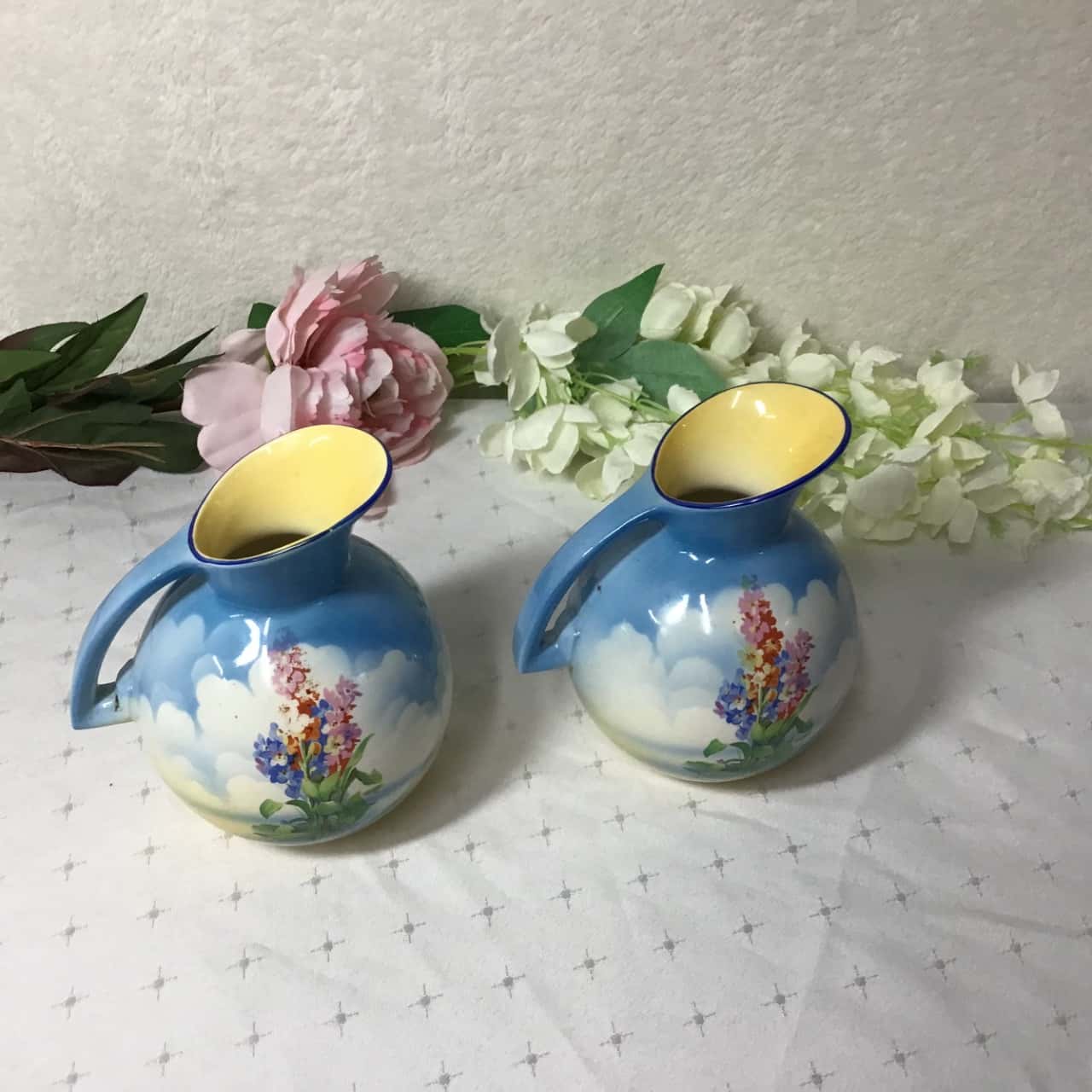 Vintage Falcon Ware Blue / Floral Thatched Cottage Design Jug Vases (x ...