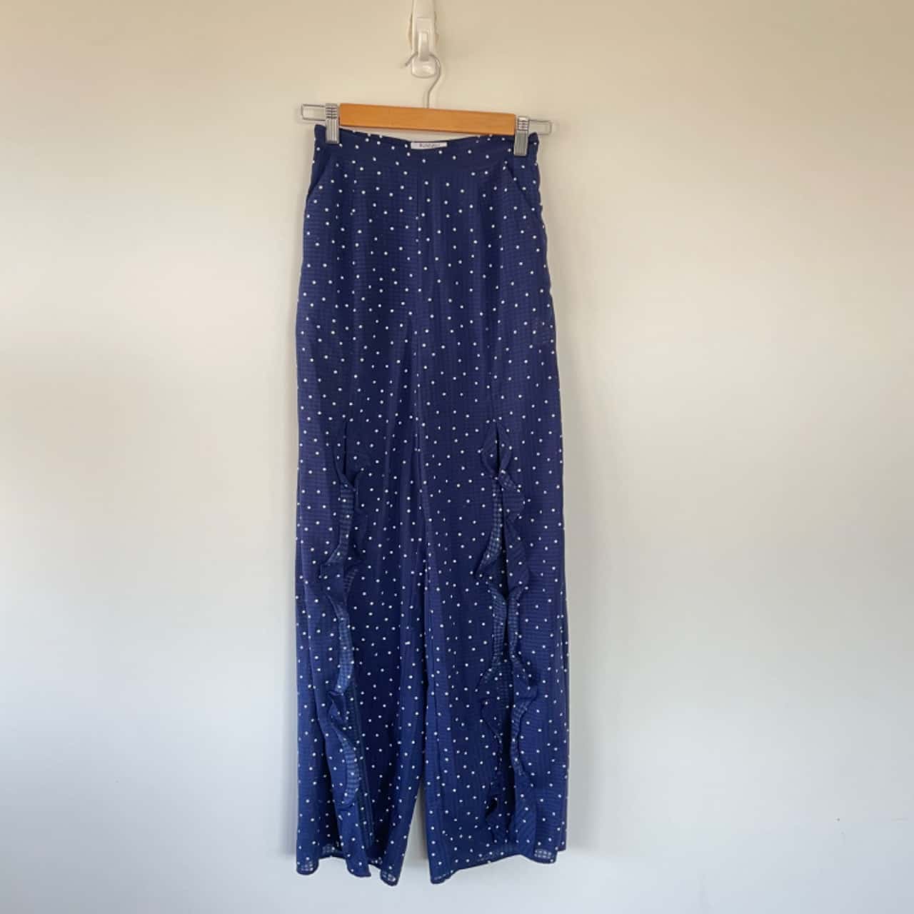 RUNAWAY Blue Check Polka Dot Split Wide Leg Pants Size 6 / XS