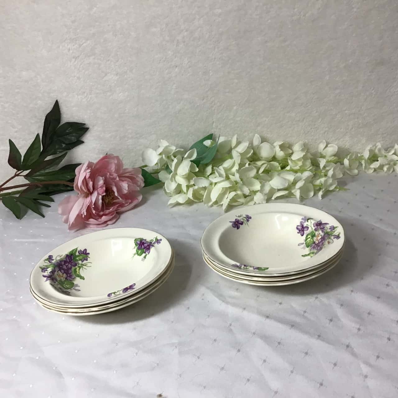 Vintage Imperial Ware Purple Violets Pattern Porcelain Cereal Bowls x 6(s)
