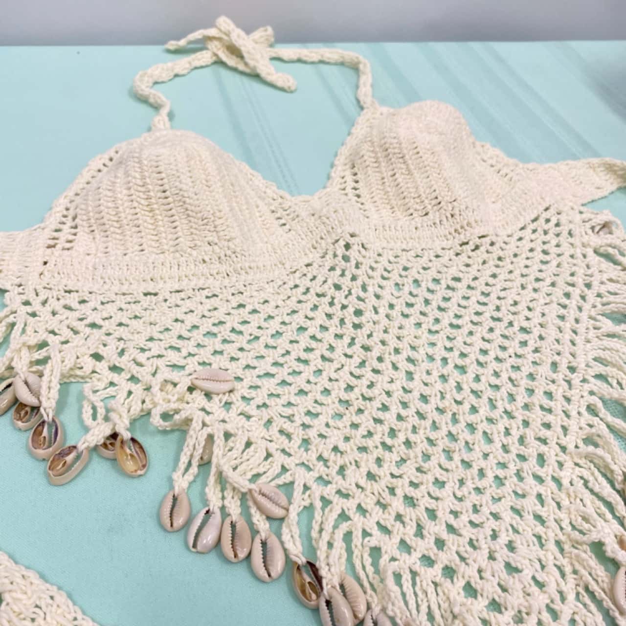 Women's Crochet Top / Beachwear With Shells Off White (s)